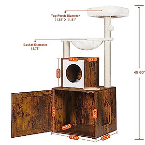 Heybly Cat Tree, Wood Litter Box Enclosure with Food Station, All-in-one Indoor Cat Furniture with Basket and Condo, Modern Style Cat Tower, Hammock, Rustic Brown HCT101SR