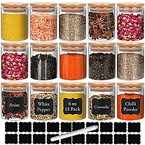6 oz Glass Jars with Bamboo Lids , Borosilicate Glass Airtight Canisters sets, Glass Food Storage Container, Pantry Organization and Storage Jars, Kitchen Canisters Sets, Spice Jars of 15