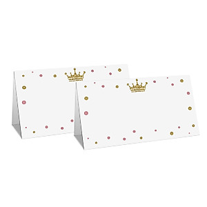 Table Place Card for Baby Shower, 25 Pcs Tent Cards Set with Pink & Gold Design, Editable Name Cards for Table Seating, Party Food Lables, Gold Crown Little Princess Baby Shower Decorations(05)