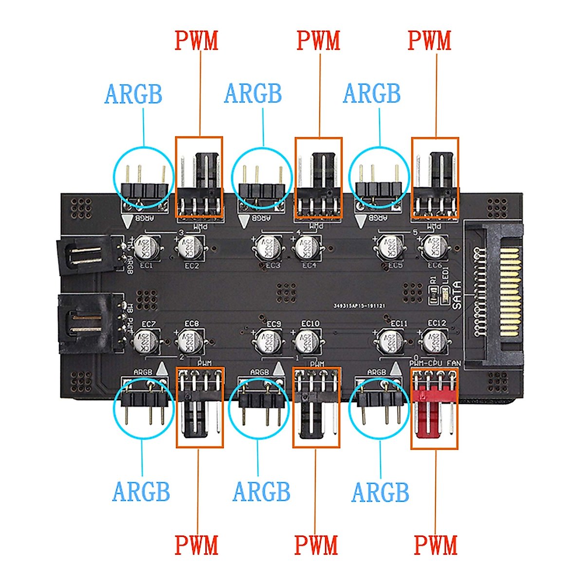 12V 4Pin PWM & 5V 3Pin ARGB with SATA 15Pin Power 2-in-1 Hub 6 Way Sync CPU Cooling Fan Addressable RGB Lighting PCB Splitter for Extended Motherboard Interface -Black Compatible With Desktop