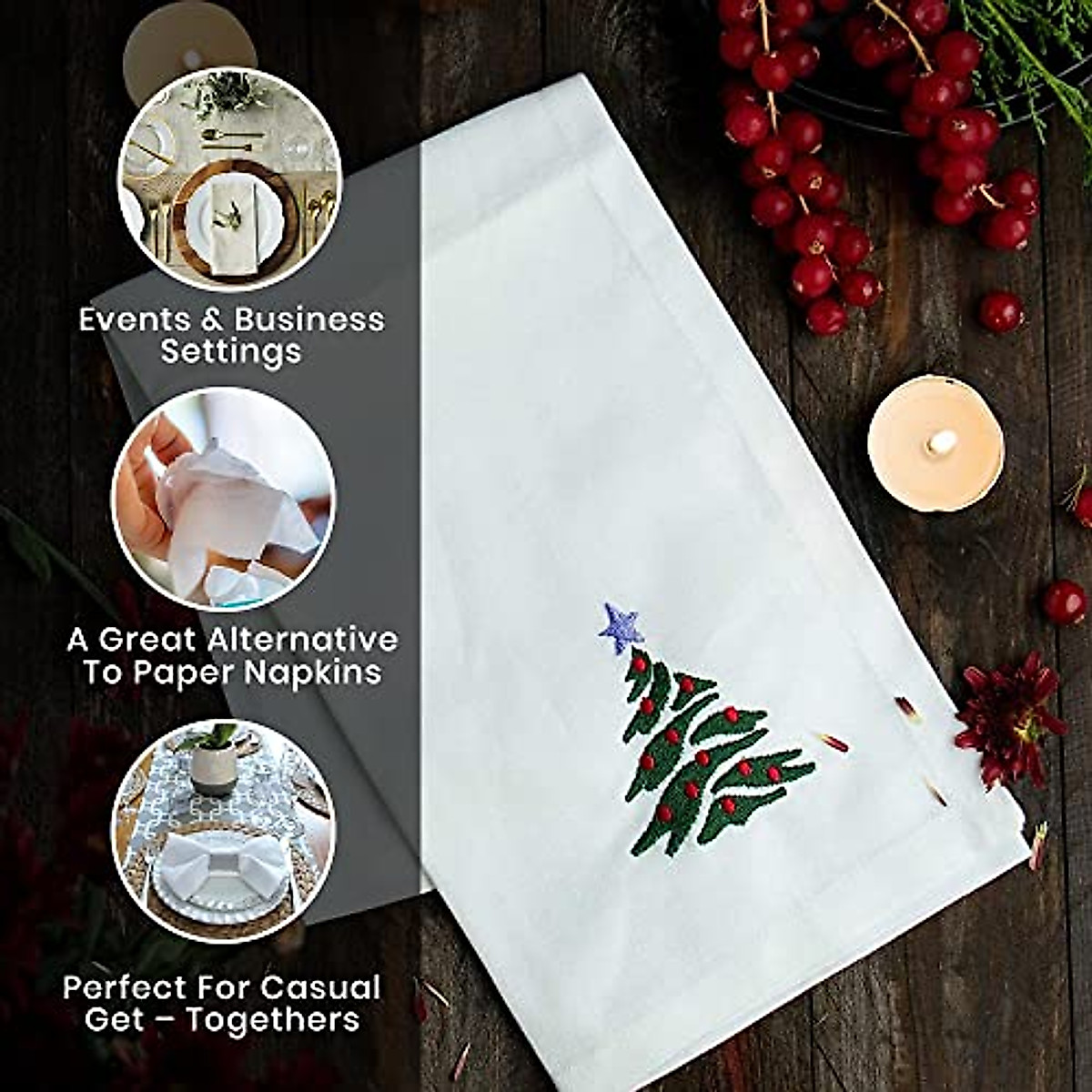Cotton Carnival Dinner Napkins, Made with Pure Cotton, Christmas Tree Embroidered of Size 43Cm X 43Cm, Set of 6 Napkins Soft and Comfortable - Durable Quality