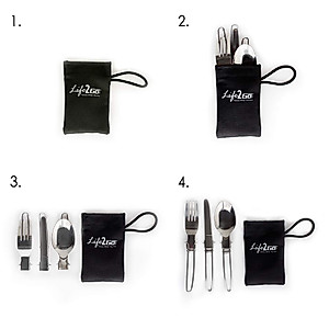 Life 2 Go 3 Pcs Camp Cooking Utensil Set & Outdoor Kitchen Gear Cookware Kit, Portable Compact Carry Case for Camping, Hiking, Travel, BBQ GrillinG Stainless Steel Accessories Spoon & Fork, Black