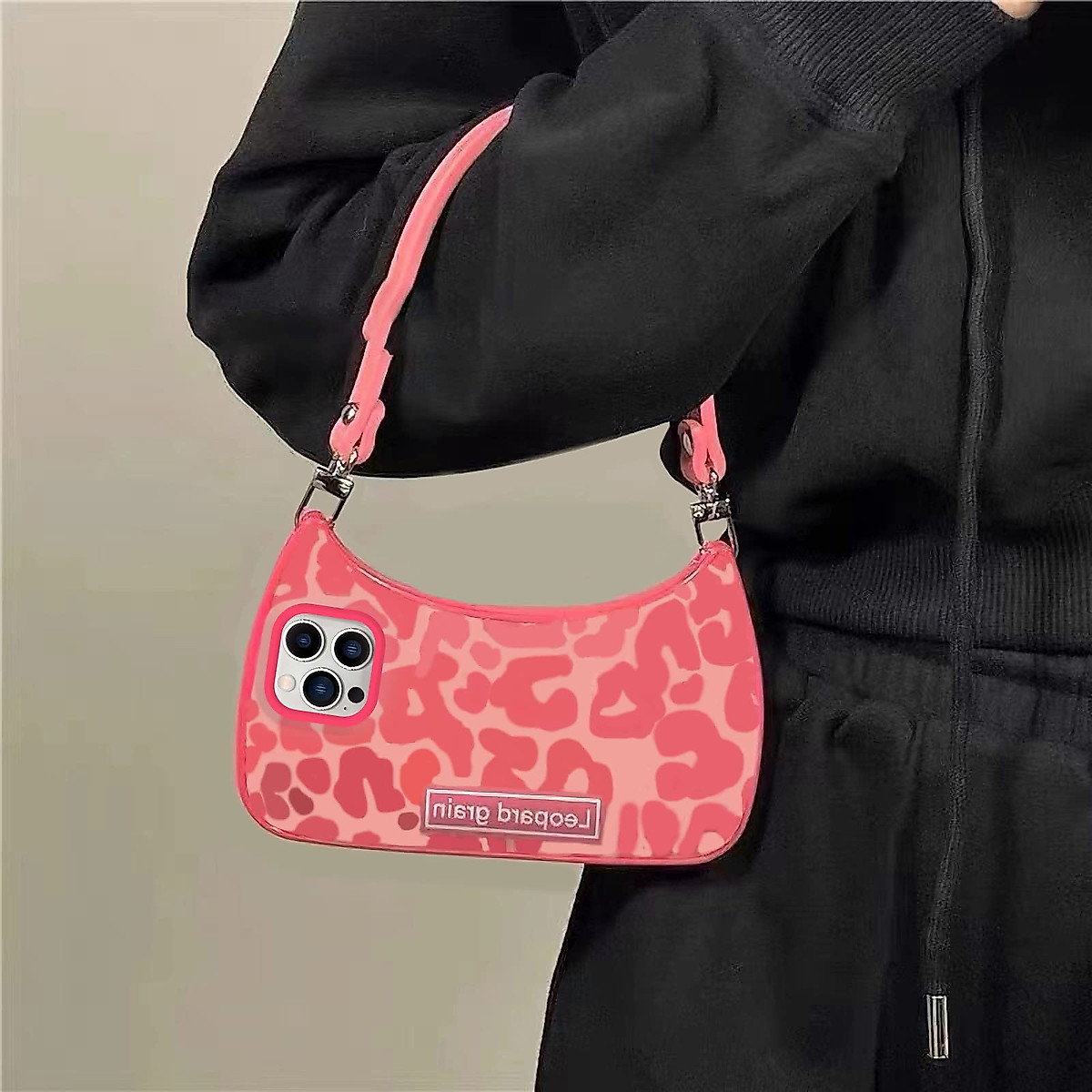 Compatible with iPhone 13 Pro Max Case Cute Aesthetic Pink Leopard Print Wallet-Shaped with Strap Bracelet Chain Shockproof Protective Case for Women Girls