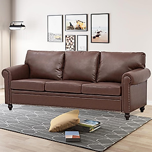 Brown Leather Couch, Comfy Classic 3 Seater Living Room Sofa，Mid-Century Modern Sofa with Detachable Cushions 84" for Living Rooms, Bedrooms, Offices,Apartments Tool-Free Assembly(Brown PU + Sofa)