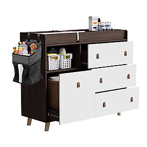 Timechee Baby Changing Table Dresser, Modern Nursery Changing Dresser Chest with 3 Drawers & 1 Shelf, Diaper Changing Pad, Storage Changing Dresser (Brown)