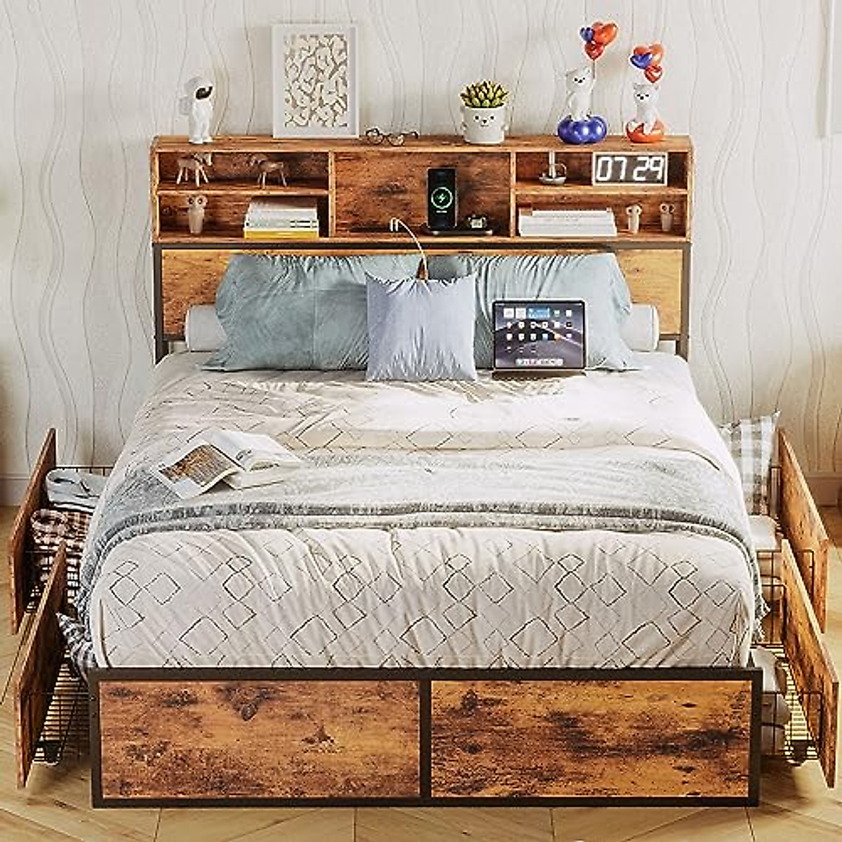 LIKIMIO Queen Bed Frame with Drawers 4 Storage Drawers & Bookcase Headboard & Charging Station, Sturdy and No Noise Platform Bed, No Box Spring Needed, Easy Assembly, Vintage Brown