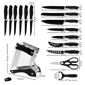 Numola Kitchen Knife Set, 20 Pieces Black Nonstick Cooking Knife Set with Block & Sharpener, Super Sharp Stainless Steel Professional Chef Knife Set with Acrylic Stand for Family Restaurant Apartment