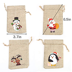 CCINEE 36pc Christmas Linen Bags with Drawstrings Christmas Burlap Goody Gift Bags with Double Jute Drawstrings, 4 designs Snowman, Santa Claus, Penguin and Elk