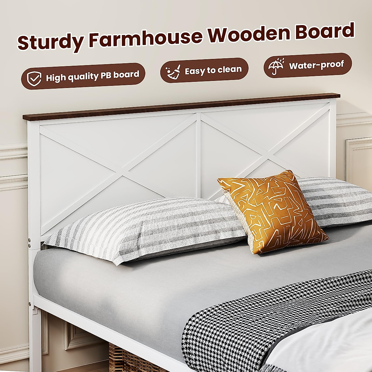 VOPEAK Farmhouse Queen Bed Frame with Headboard and Footboard, Bed Frame Queen Size Metal Platform with Under Bed Storage, Noise Free, No Box Spring Needed, Easy to Install, Sturdy & Stable, White