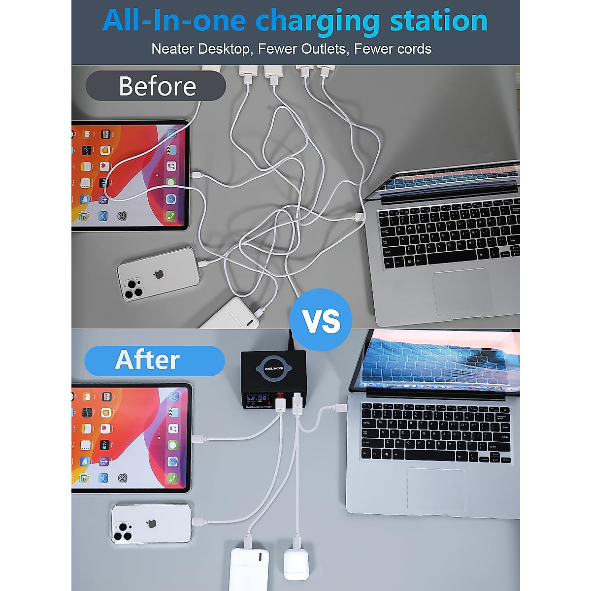 WANLONGXIN 100W 8-Port USB Qi Wireless Charging Station, QC3.0/PD Fast Charge for Phones Tablets USB Tools, Multi-Device Smart IC Desktop Organizer Hub