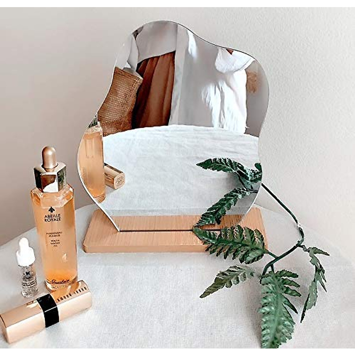 G.Dori Irregular Aesthetic Vanity Mirror Frameless, Decorative Desk Tabletop Acrylic Mirrors with Wooden Stand for Living Room, Bedroom, Office and Minimal Spaces Home Decor - Cloud Shape