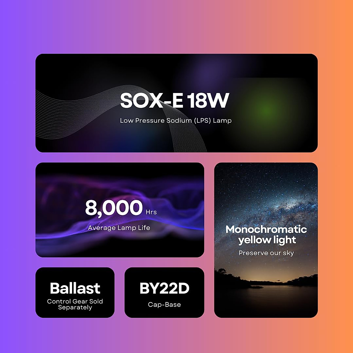 SOX E 18W Low Pressure Sodium (LPS) Light Bulb - B22 - Monochromatic Yellow Light for Black Fire, Darkroom Safelight, Dark Sky Preservation - Philips SOX Lamp Replacement [Ballast not Included]