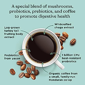 Four Sigmatic Happy Gut Organic Ground Coffee | Medium Roast, Immune Boosting Probiotic Mushroom Coffee with Chaga & Turkey Tail for Gut Health & Immune Support | 12oz Bag