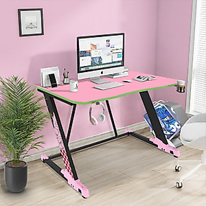 FUSLITE 55 Inch Gaming Desk, Carbon Fiber Surface Z-Shaped PC Computer Table, with Headphone Holder, Cup Holder, Cable Management Box, for Gamer, Pink & Green