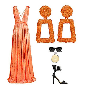 KELMALL Raised Design Drop Dangle Statement Earrings for Women Classic Metallic Geometric Rectangle Earring- Neon Orange