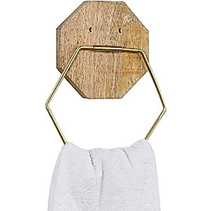 MyGift Brass Tone Metal Hexagon Wall Mounted Bathroom Hand Towel Ring with Mango Wood Geometric Backing - Handcrafted in India