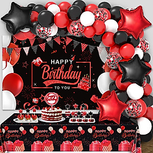 Red Birthday Decorations for Men Women Boys Girls, Red and Black Party Decorations, include Balloons Arch Garland Kit, Happy Birthday Backdrop, Star Foil Balloons, Cake Toppers, Tablecloth