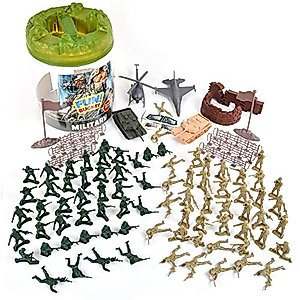Sunny Days Entertainment Military Battle Group Bucket Over 100 Assorted Soldiers and 20 Accessories Toy Play Set for Kids, Boys and Girls | Plastic Army Men Figures with Storage Container