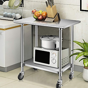 Giantex 36 × 24 Inches Stainless Steel Table w/ 4 Caster Wheels, Commercial Work Prep Table with Adjustable Lower Galvanized Shelf, Heavy Duty Metal Table for Restaurant, Kitchen