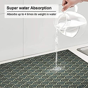 Japanese Pattern Printed Drying Mat For Kitchen Ultra Absorbent Microfiber Dishes Drainer Mats Non-Slip Silicone Quick Dry Pad - 18 X 16inch