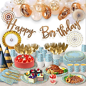 350PCS Blue and Gold Party Decorations 50 Guests Blue Paper Plates Plastic Forks Knives Spoons & Golden Dot Blue Party Plates Napkins Cups for 2023 Graduation Decorations Baby Shower Boy Birthday