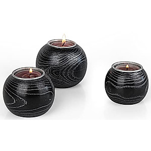 Vixdonos Wood Rustic Tea Light Candle Holder Set of 3 Black Round Votive Candle Holders with Elegant Carved Tree Texture