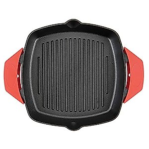 PR PeakRous Cast Iron Grill Pan Skillet Square for Stove Top and Oven with Two Silicone Handles 10 inch