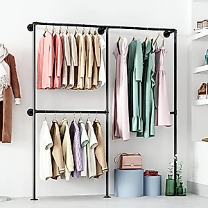 DR.IRON Industrial Pipe Clothing Racks with Double Bar, Industrial Black Clothes Racks Wall Mounted, Heavy Duty Closet Rods for Hanging Clothes Organizer Storage