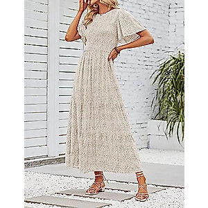ZESICA Women's 2023 Summer Casual Floral Print Short Flutter Sleeve Crew Neck Smocked High Waist Flowy Maxi Dress,Beige,X-Large