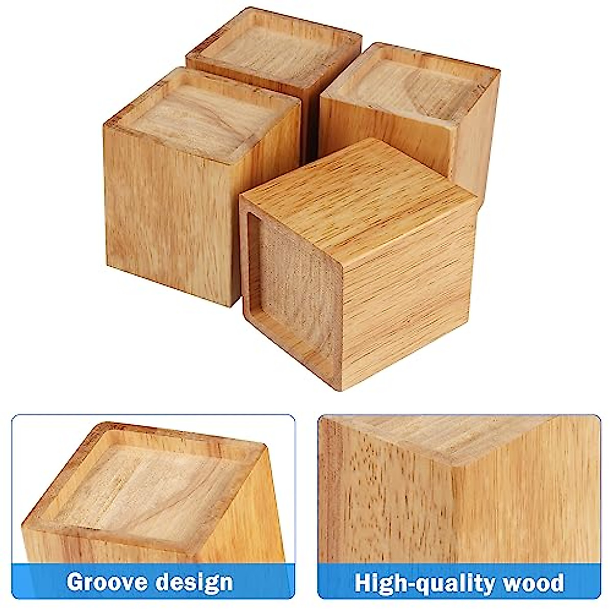 GNIEMCKIN Set of 4 Wood Bed Risers, 4 Inch High, Natural Wood Furniture Lifters, Heavy Duty Sofa risers for Sofa, Bed, Chair, Table