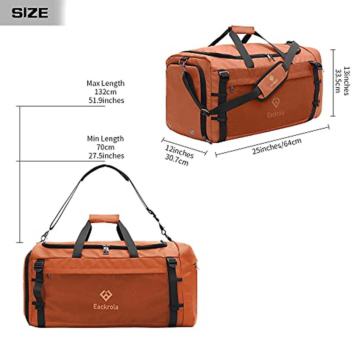 Eackrola Large Sports Gym Bag, Travel Duffel bag with Wet Pocket & Shoes Compartment for men women, 65L, Lightweight