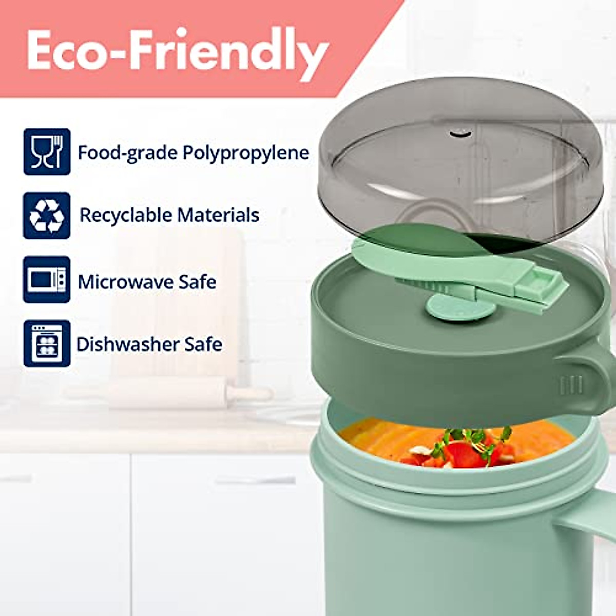 Chiir Microwave Soup Mugs with Lids, Microwave Safe Mug for Ramen Noodles, Soup, Beverages, 17.63 Ounces, Green