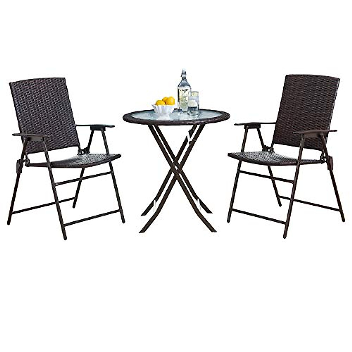 Rimba Outdoor 3 Pieces Wicker Folding Bistro Set, Balcony Table and Chairs Sets, Garden Backyard Furniture