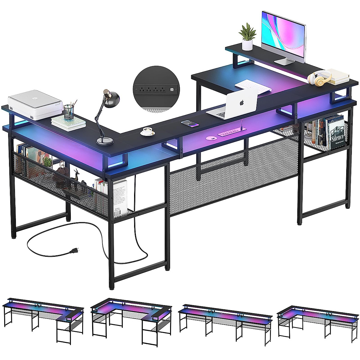 Unikito U Shaped Computer Desks, Reversible Office Desk with LED Strip and Power Outlets, L Shaped Table with Full Monitor Stand and Storage Shelves, 83 Inch Large U- Shape Gaming Desk, Black