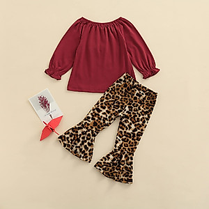 Suolongsama Valentine's Day Toddler Kids Baby Girl Clothes Love Heart Print Ruffle Long Sleeve Shirt Tops Leopard Flare Pants 1-5Y (Purplish Red, 2-3T)