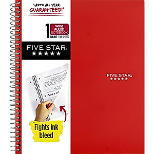 Five Star Spiral Notebook, 1 Subject, Wide Ruled Paper, 10-1/2" x 8", 100 Sheets, Assorted Colors, Color Will Vary, 1 Count (05200)