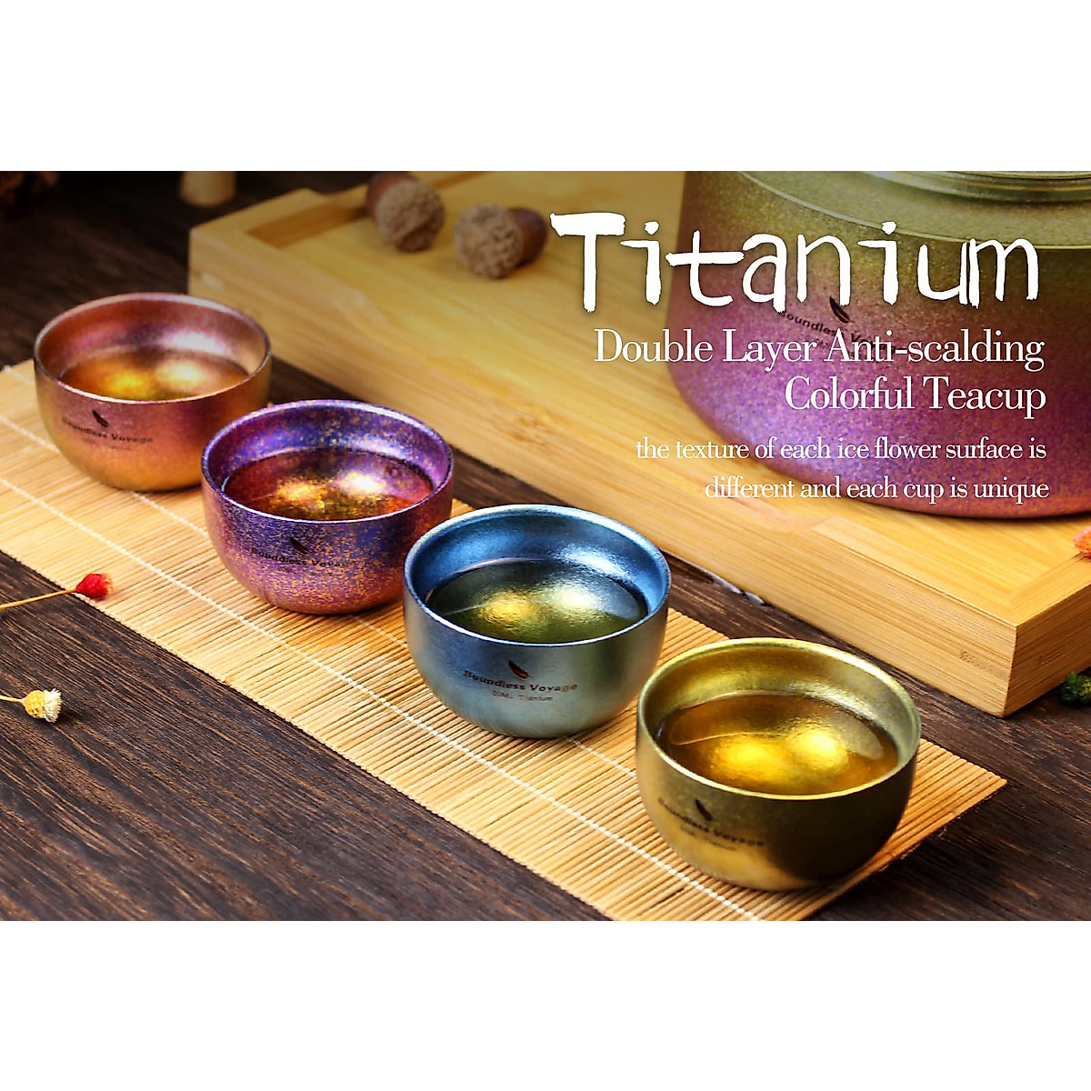 iBasingo&Boundless Voyage 30ml Titanium Double Layer Sake Cup Portable Tea Mug Wine Cup for Outdoor Camping Picnic Whiskey Flask Flagon Drinking Cup (Gold)-Ti3082D