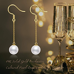 14K Real Gold Drop Pearl Earrings for Women, Yellow Gold 7mm Freshwater Cultured Pearls Threader Dangle Earrings Anniversary Jewelry Gifts for Her, Wife, Mom, Sister