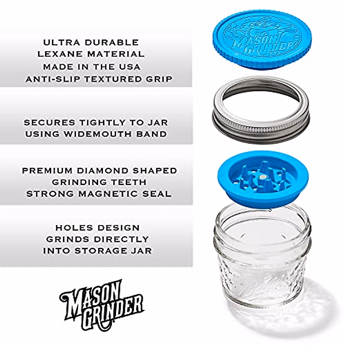 2 Piece Herb Grinder with Holes by Mason Grinder - Large Mouth - 2 Piece Herb Grinder with Holes - Fits on Wide Mason Jars (Jar Not Included)