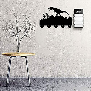 ChezMax Art Wall Decoration Home Wall Holder with 5 Hooks Hallway Key Hooks Holder Wall Mount Dinosaur Black