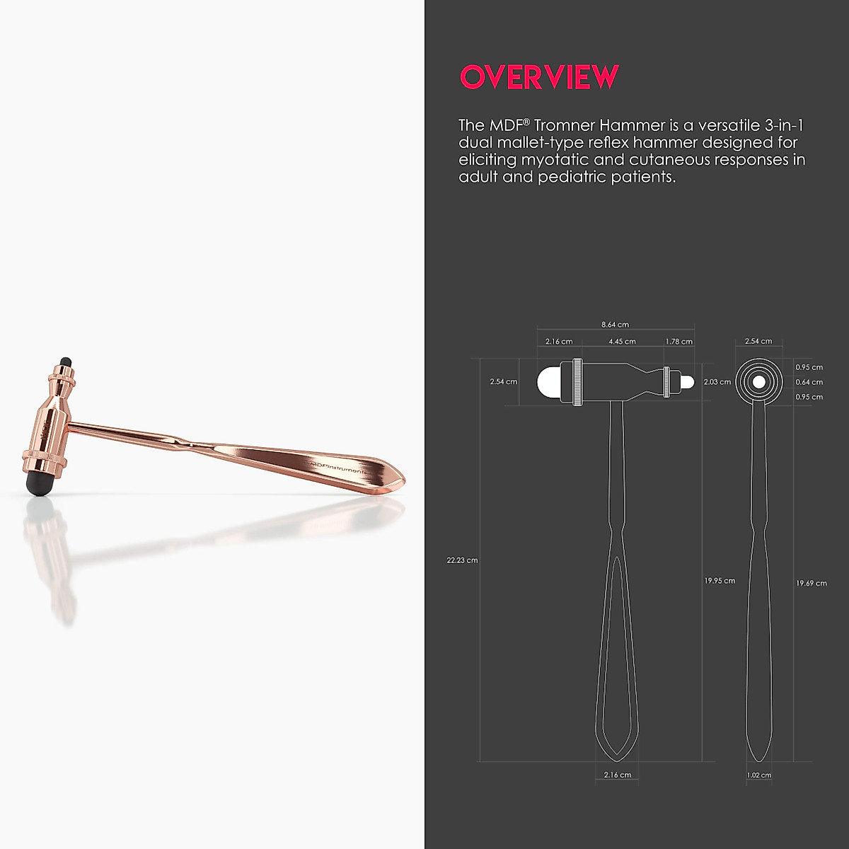 MDF Instruments, Rose Gold Tromner Neurological Reflex Hammer with Pointed Tip Handle for Cutaneous and Superficial Responses - Free-Parts-for-Life (MDF555) (Rose Gold/Black)