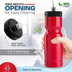 50 Strong Sports Squeeze Water Bottle 2 Pack – 22 oz. BPA Free Easy Open Push/Pull Cap – USA Made (Red)
