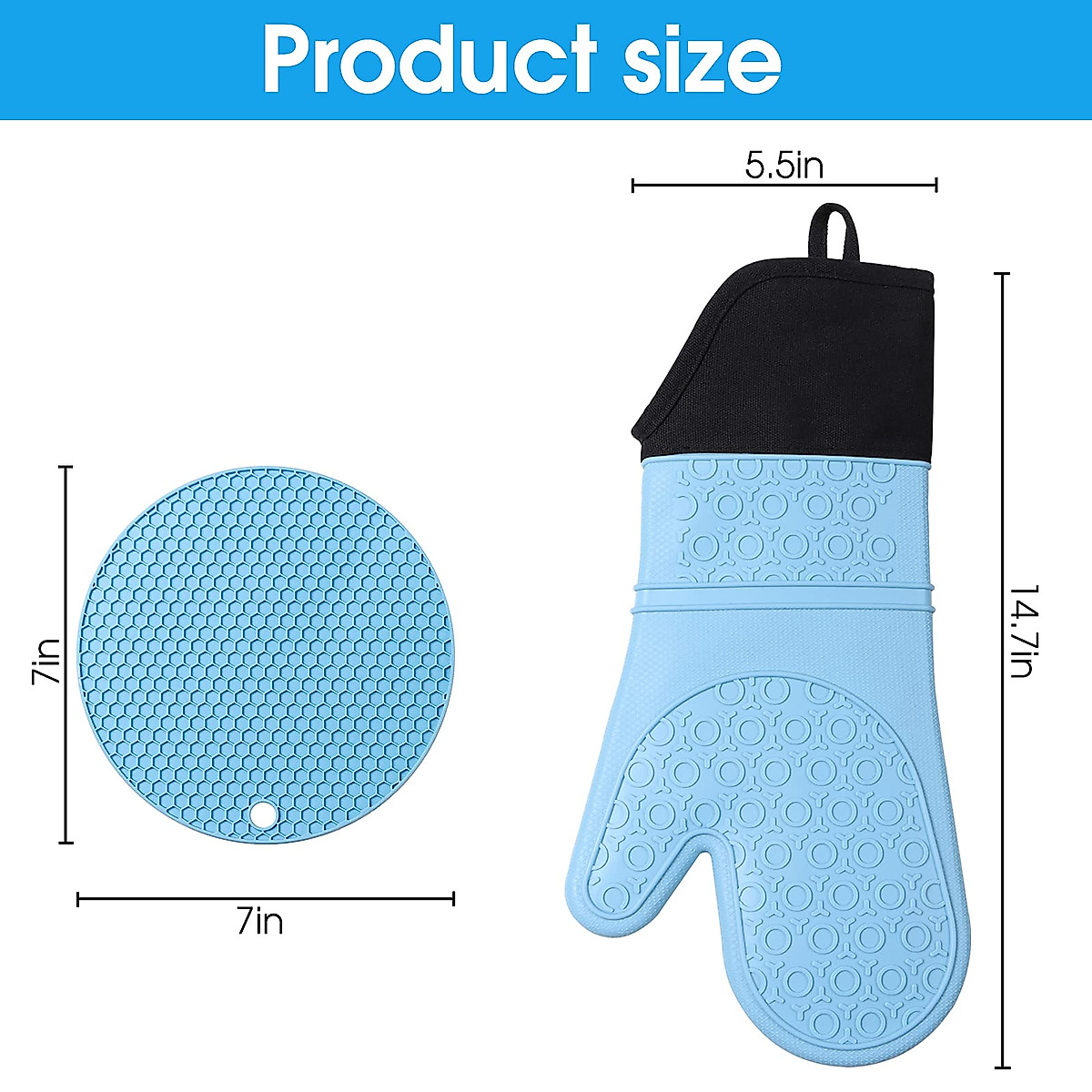 Silicone Oven Mitts and Pot Holders Sets, Extra Long Professional Heat Resistant Oven Gloves with Hot Pads, Quilted Liner, Non-Slip Textured Grip Safe for Kitchen Baking Cooking , 4-Piece Set (Blue)