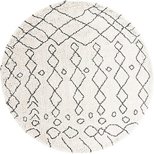 Unique Loom Rabat Shag Collection Area Rug - Geometric (9' 10" Round, Pure Ivory/Gray)