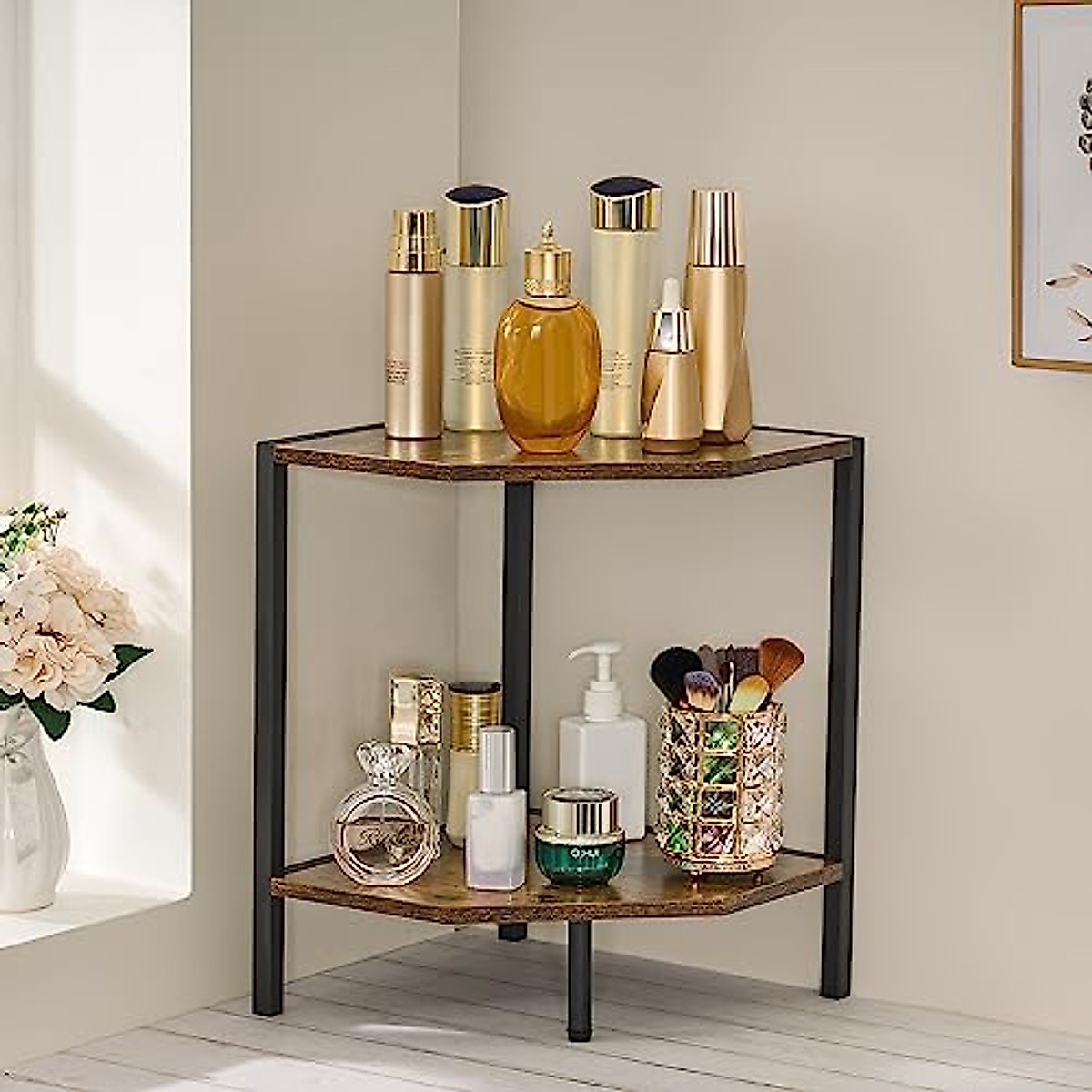 HOMCENES Corner Shelf Stand, Industrial 2 Tier Wall Corner Bookshelf with Metal Frame, Corner Display Rack Plant Flower Shelf, Corner Shelves for Living Room Decor, Bedroom, Bathroom, Rustic Brown