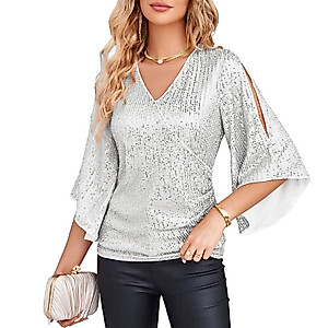 GRACE KARIN Women's Sequin Silver Top Sparkly 3/4 Sleeve Party Shirts Dressy Glitter Slim Fit Blouses 2XL