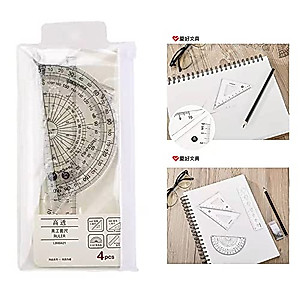 kmobruzy 4Pcs Math Geometry Tool Set Includes Plastic Clear Ruler Protractor Ruler for School Office-Home Supplies Ruler Measuring Tool