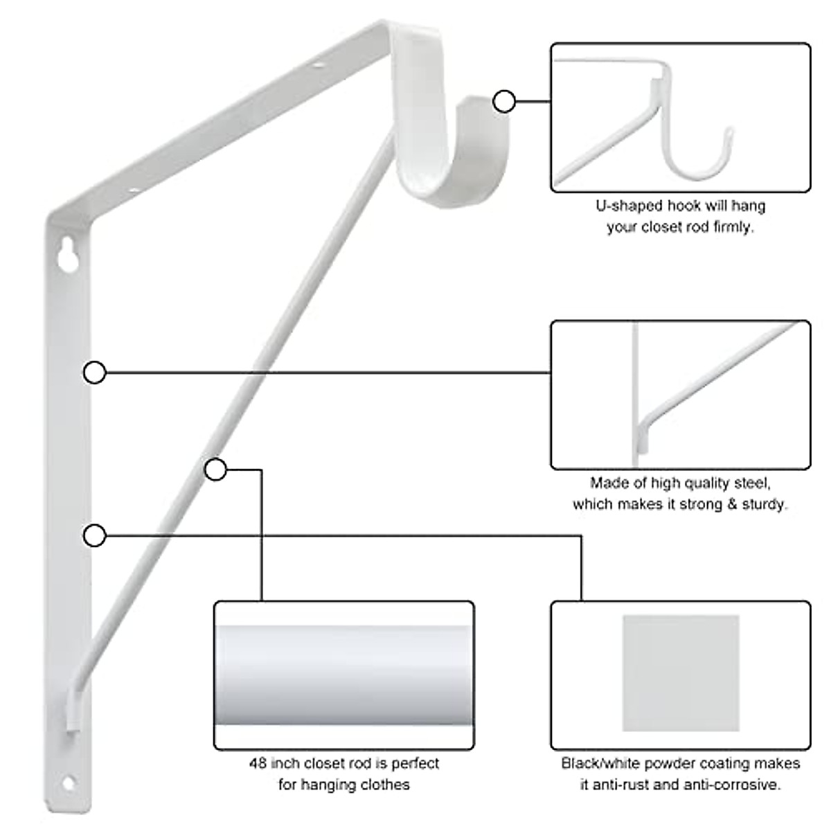 Closet Rod Brackets Heavy Duty with 48” Rod, Closet Shelf Brackets with Rod Holder, Closet Brackets for Both Shelf Storage and Closet Rod, White Closet Shelf Support Pole Holder, 3 Pack