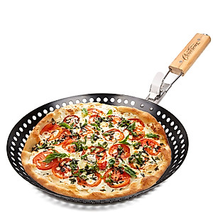 Pizza Grilling Pan (12") - Non-Stick Pan w Removable Handle to Easily Close Grill & Transport Hot Dish - High Walls for Deep Dish Pizza - Use in to BBQ Indoor & Outdoor - Holiday Christmas Gift Idea