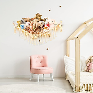 Stuffed Animal Net Hammock Macrame Boho Toy Hammock with LED String Light Stuffed Animal Hanging Storage Organizer Wall Corner Toy Net Holder Display with Tassel (Beige,43.3 x 34.6 x 34.6 Inch)